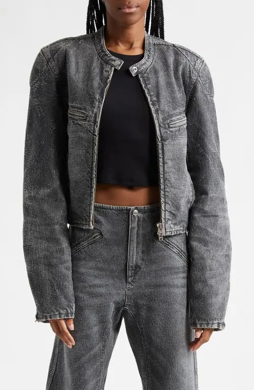 Alexander Wang Crystal Embellished Denim Moto Jacket In Black